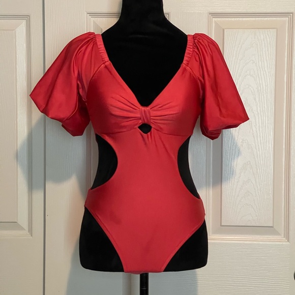 Noel | Swim | Pink Puff Sleeve One Piece Swimsuit With Cut Out Details ...